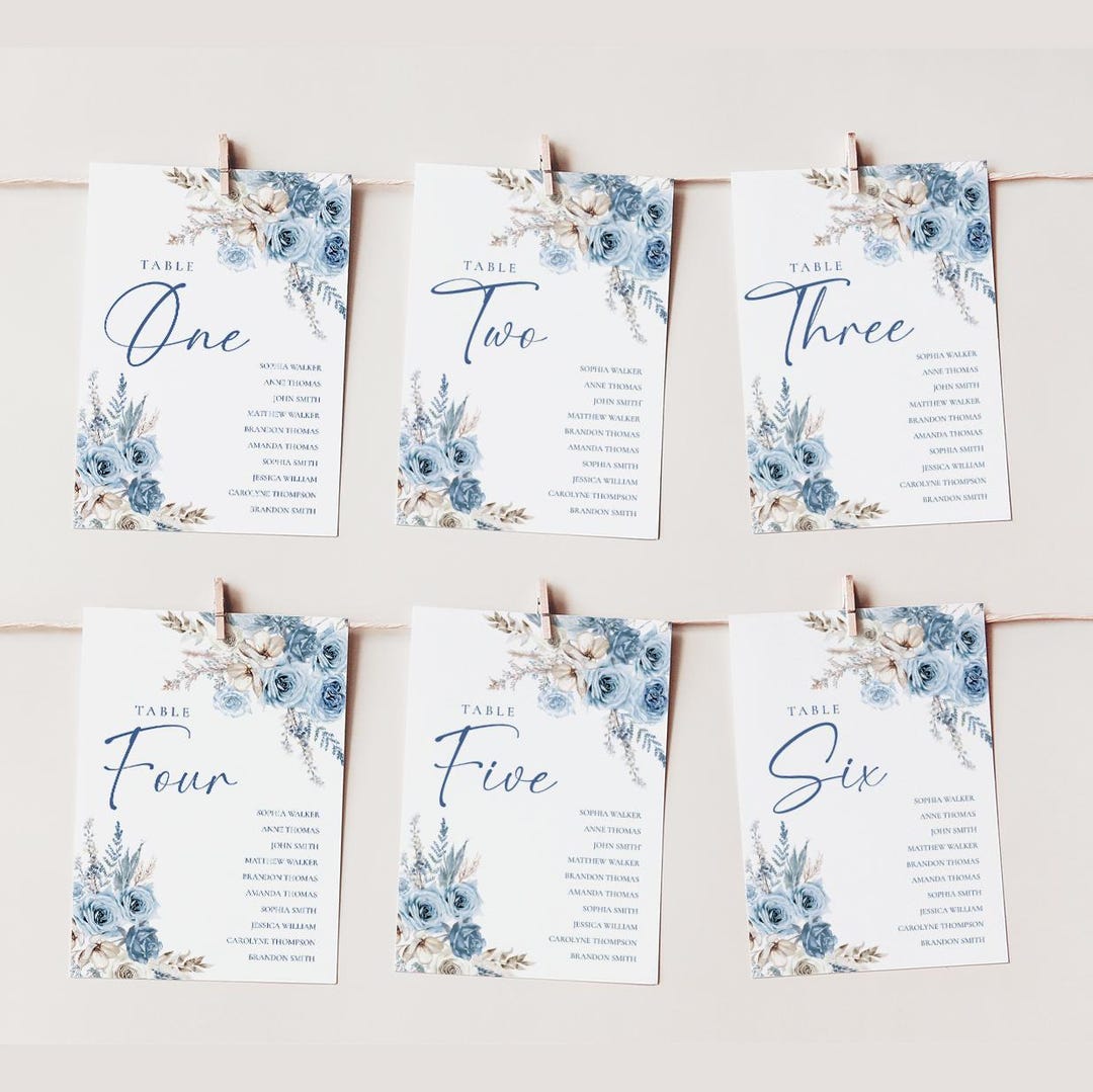 Dusty Blue Seating Chart Cards, Bohemian Seating Chart Template, Blue ...
