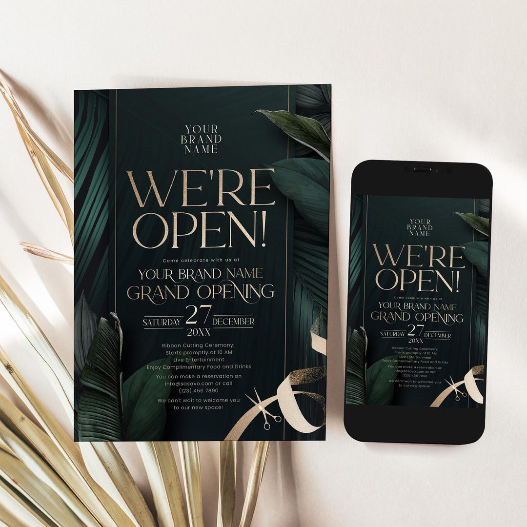 Emerald Grand Opening Invitation Template Editable Greenery Business ...