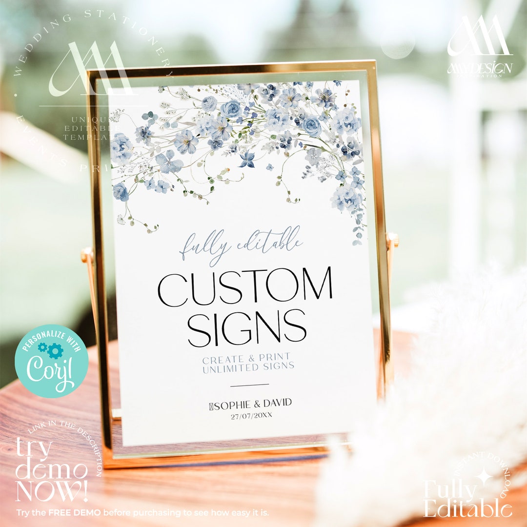 Wildflower Wedding Table Signs, Custom Sign Printable, Blue Wedding ...