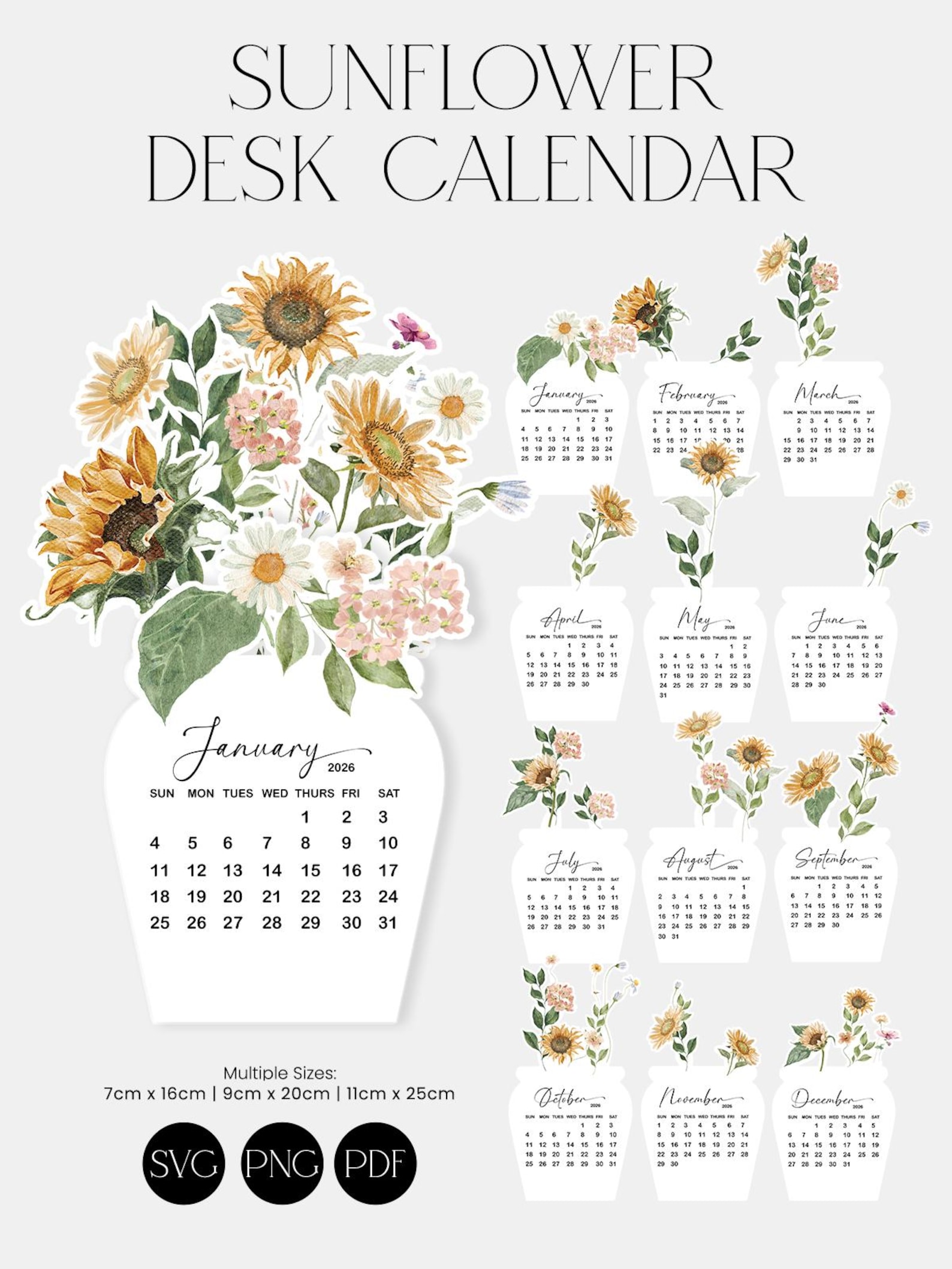 Sunflower Calendar Printable 2026 | Floral Desk Calendar Template | PNG ...