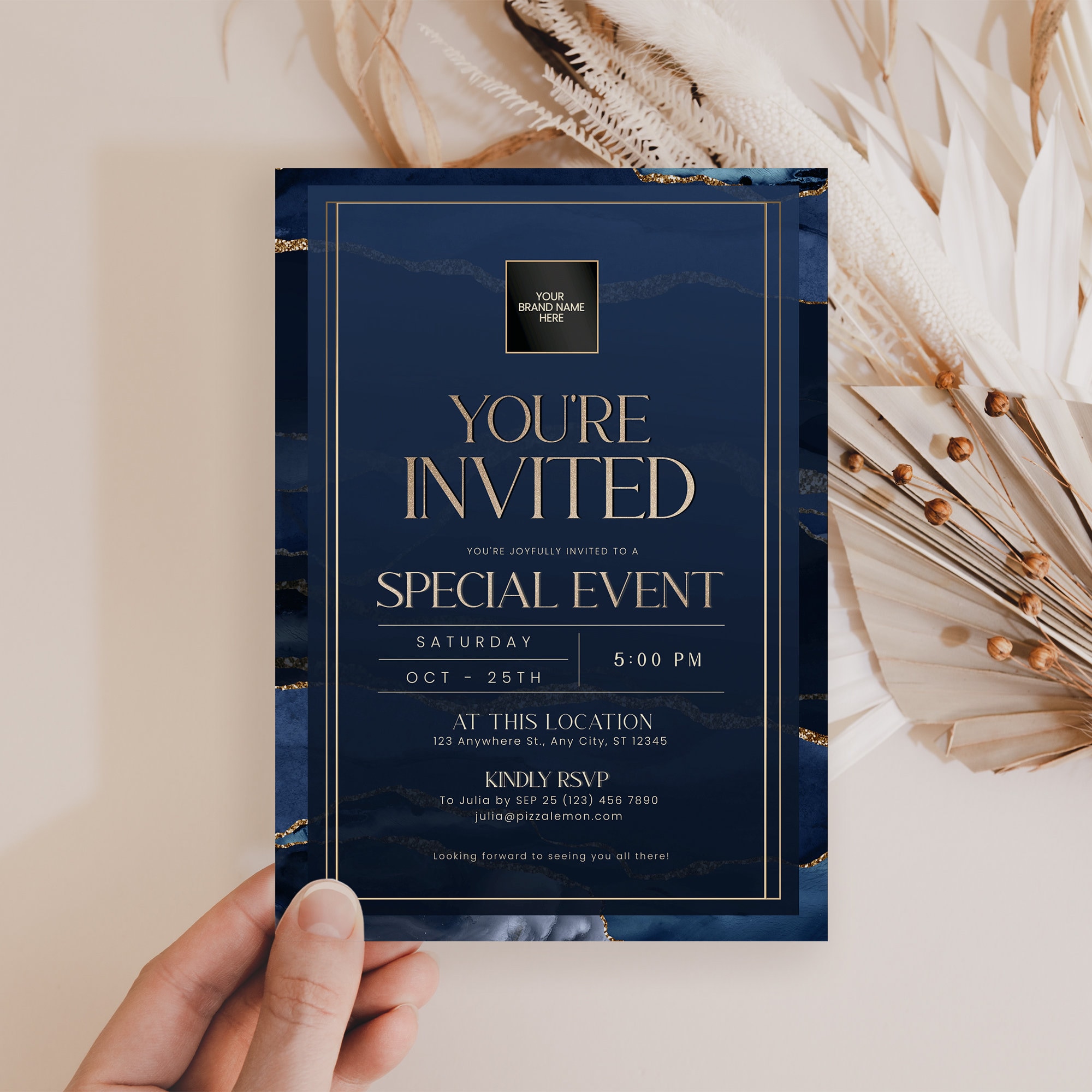 Modern Corporate Party Invitation: Navy & Gold Editable Template ...