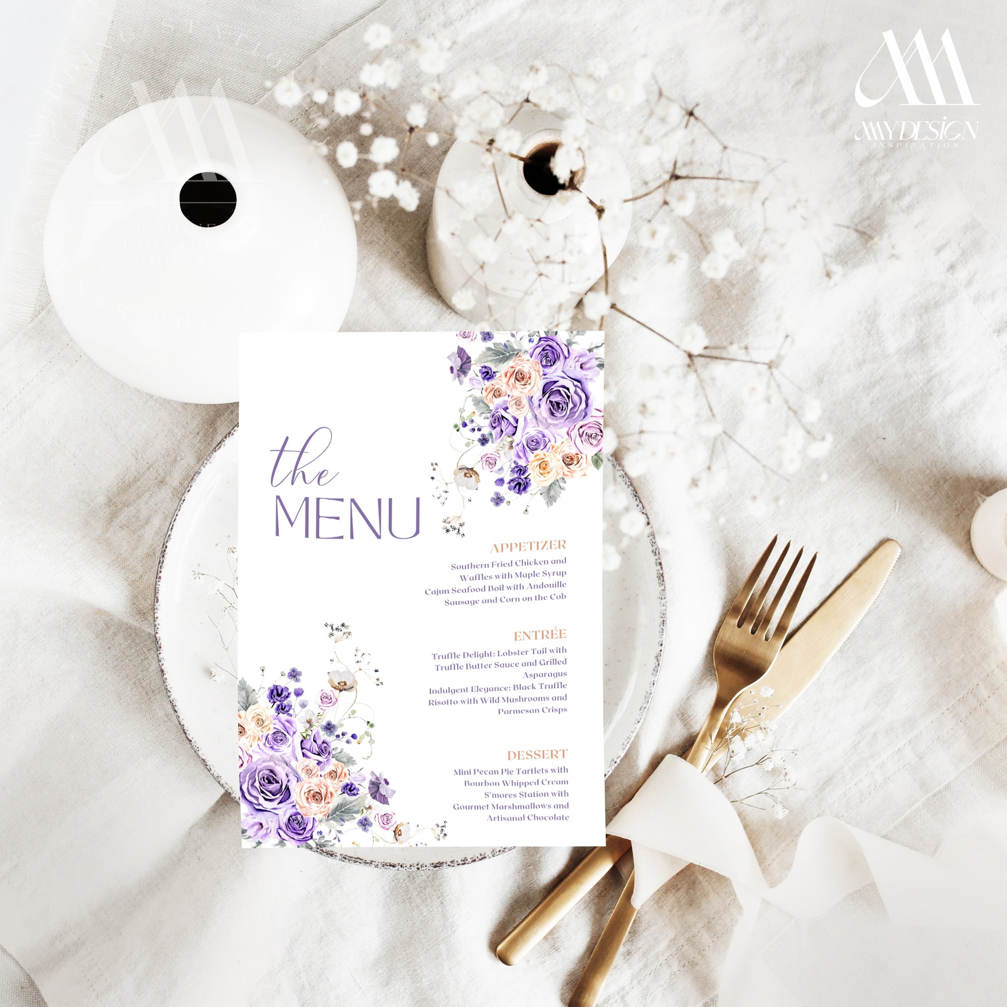 Floral Purple Menu Template: Wedding, Bridal, Baby Shower (canva ...