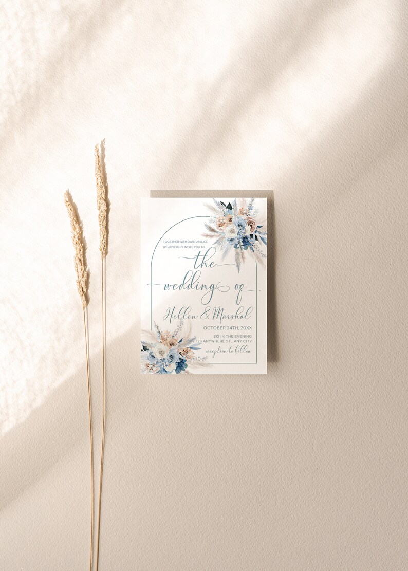 Blue Boho Wedding Invitation Suite Template Dusty Blue - Etsy
