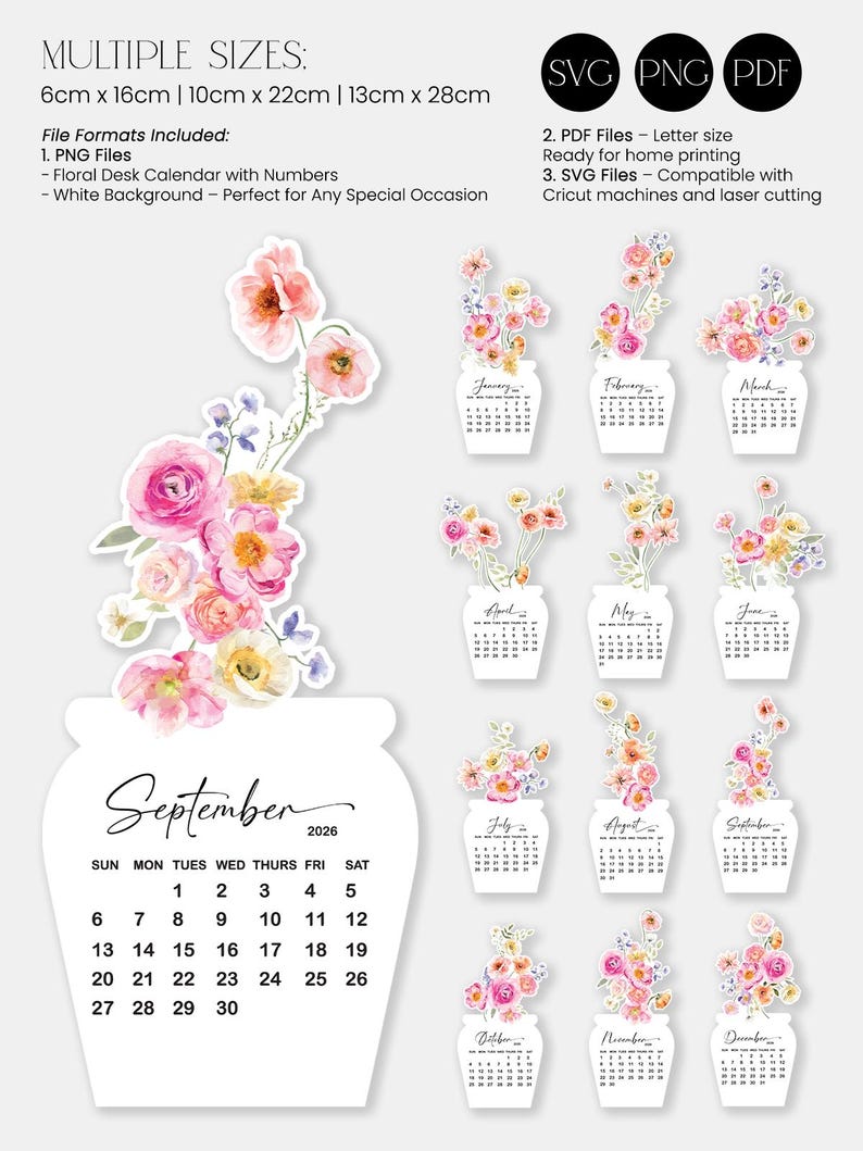 2027 2028 Floral Desk Calendar Printable: Colorful Flowers (SVG, PDF ...