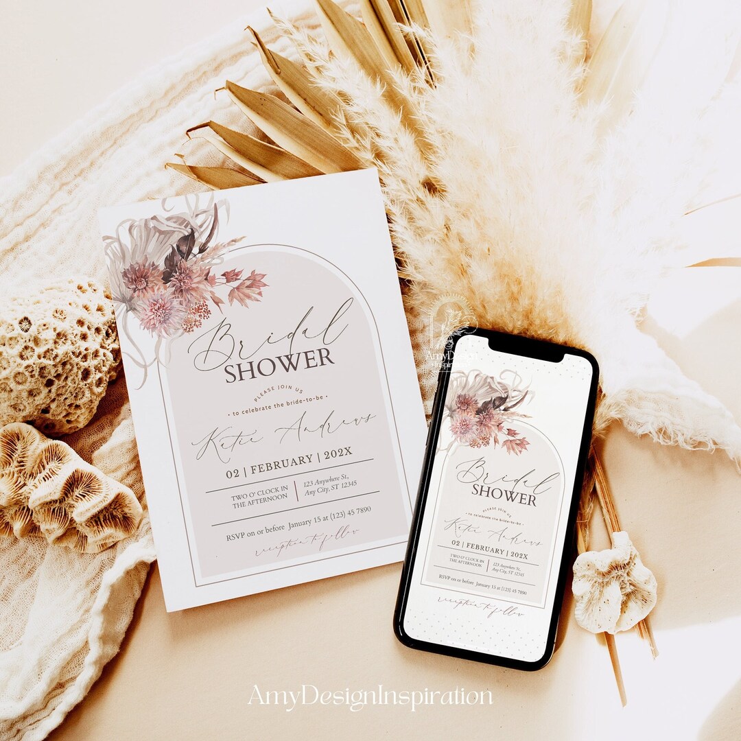 Boho Bridal Shower Invitation Template, Digital Bridal Shower ...