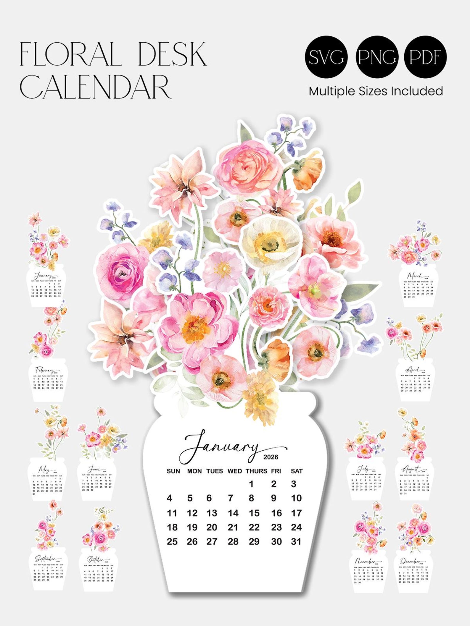 2027 2028 Floral Desk Calendar Printable: Colorful Flowers (SVG, PDF ...