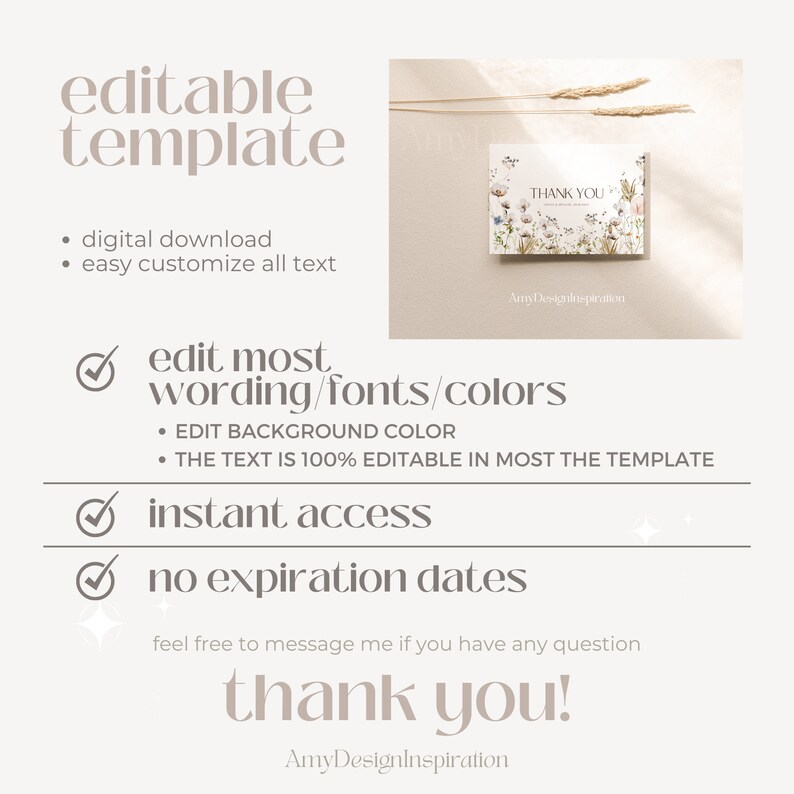 Thank You Card Template Wildflower Favor Card Thank You Gift - Etsy