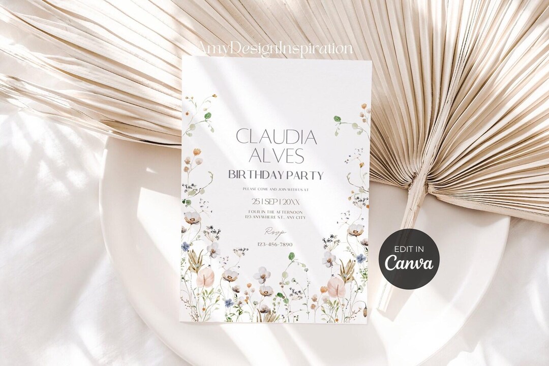 Wildflower Birthday Invitation Template: Editable Canva Floral Party ...