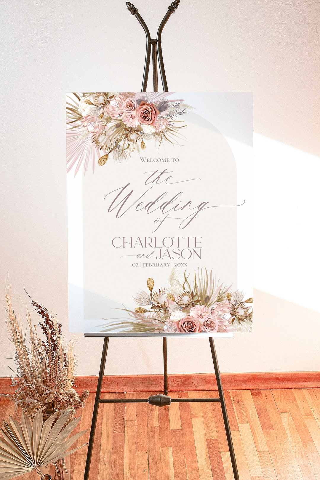 Pink Boho Floral Wedding Welcome Sign: Editable Pampas Grass (digital ...