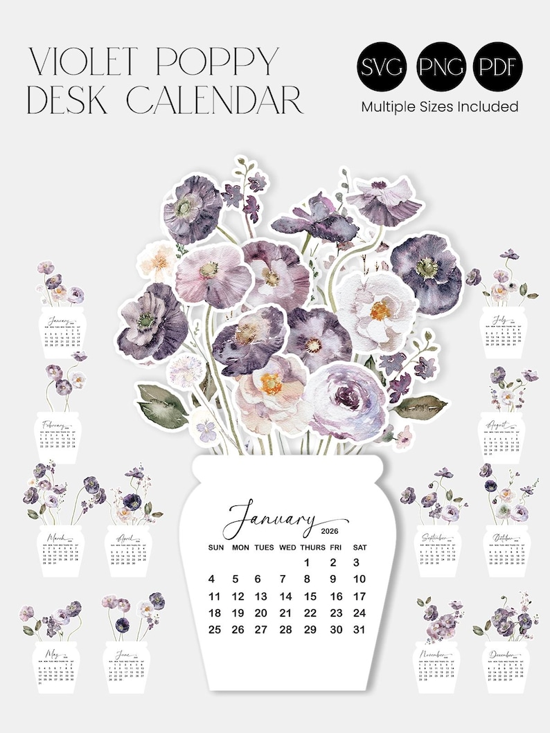 Printable Flowers Desk Calendar 2026 | Purple Floral Calendar 2026 ...