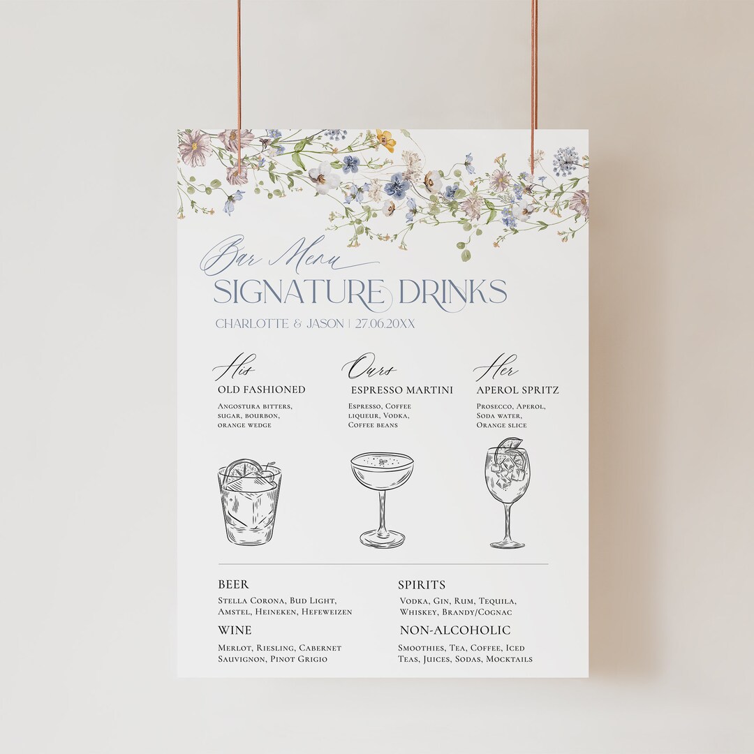 Signature Cocktails Sign Template Wildflower Wedding Bar Sign Signature ...