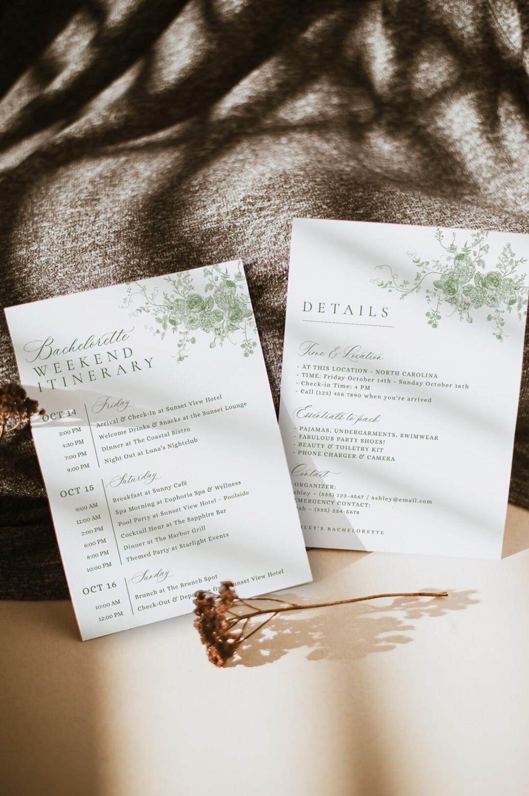 Bachelorette Itinerary Template: Weekend Schedule, Greenery Minimalist ...