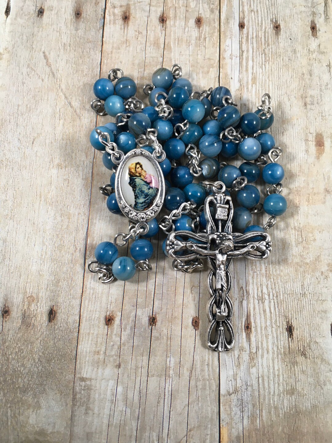 Blue Rosary: Madonna of the Streets, River Shell Beads - Etsy