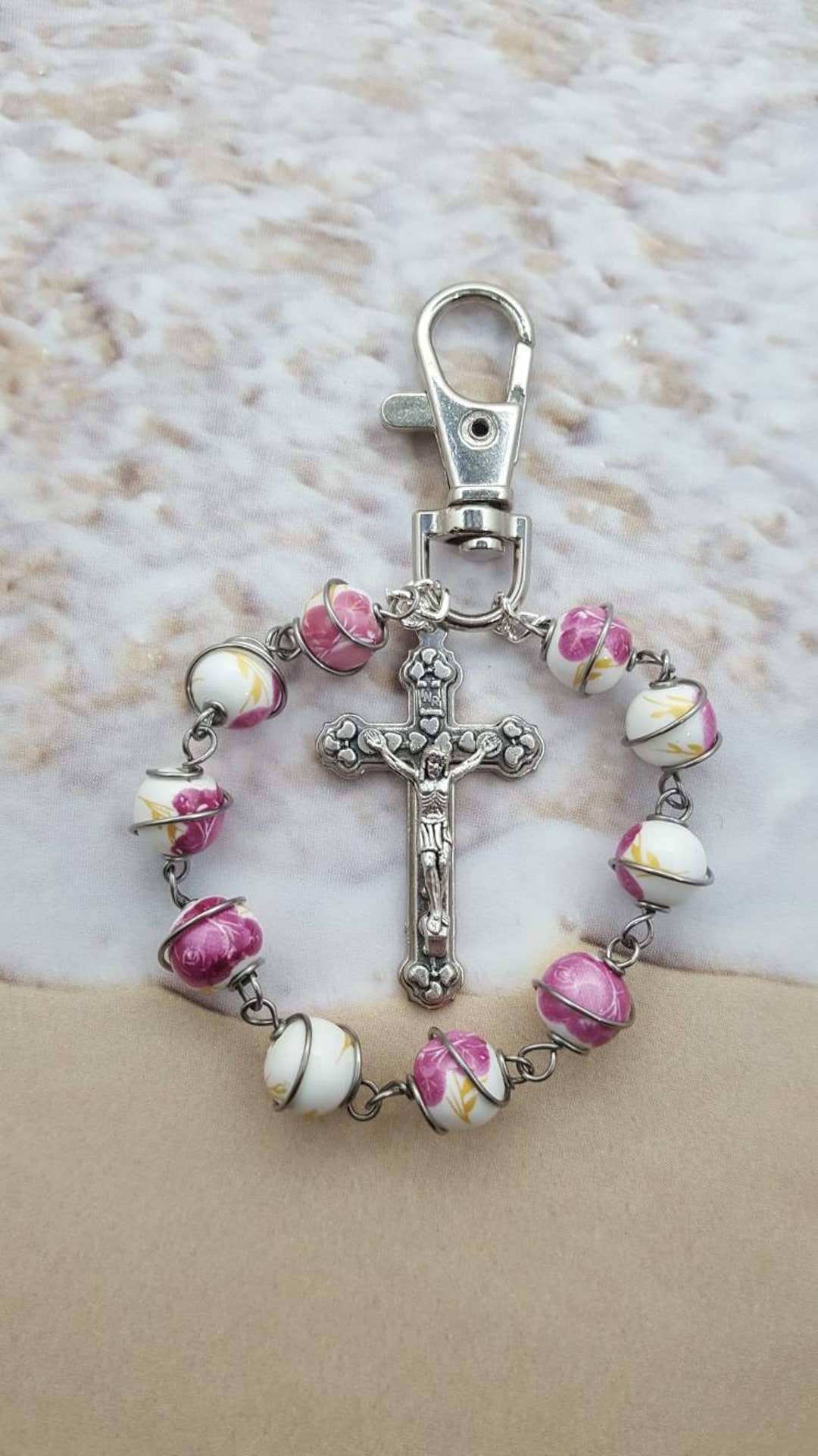 Rosary Keychain, Pink Rosary Keychain, Unbreakable Rosary, Wrapped ...
