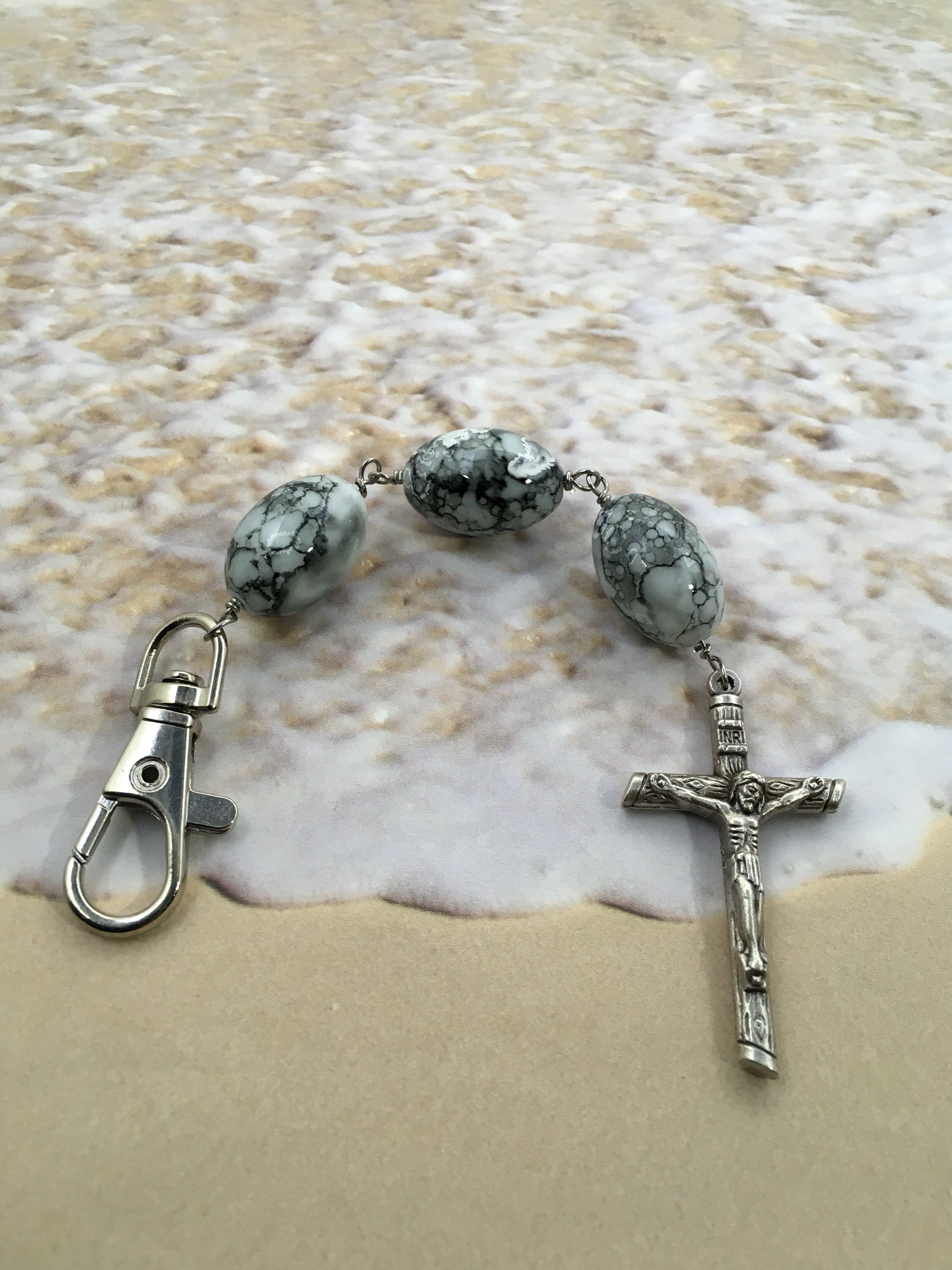 Rosary Keychain Cross Keychain Marbled Keychain Beads - Etsy