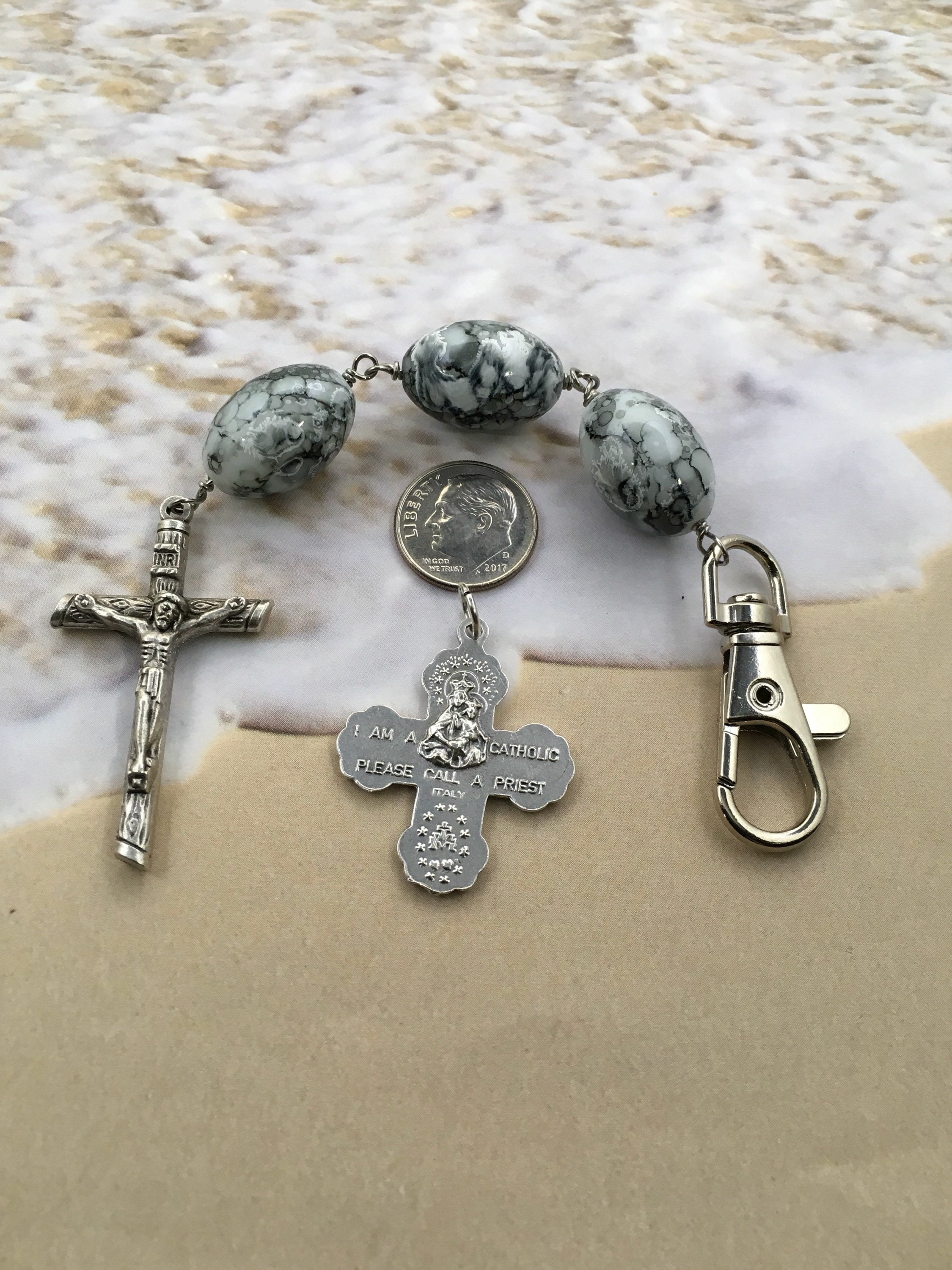 Rosary Keychain Cross Keychain Marbled Keychain Beads - Etsy