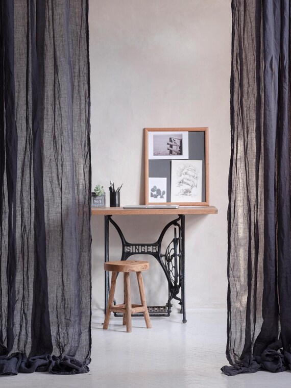 Dark Gray Sheer Linen Curtains Very Light Linen Curtain in Graphite Etsy