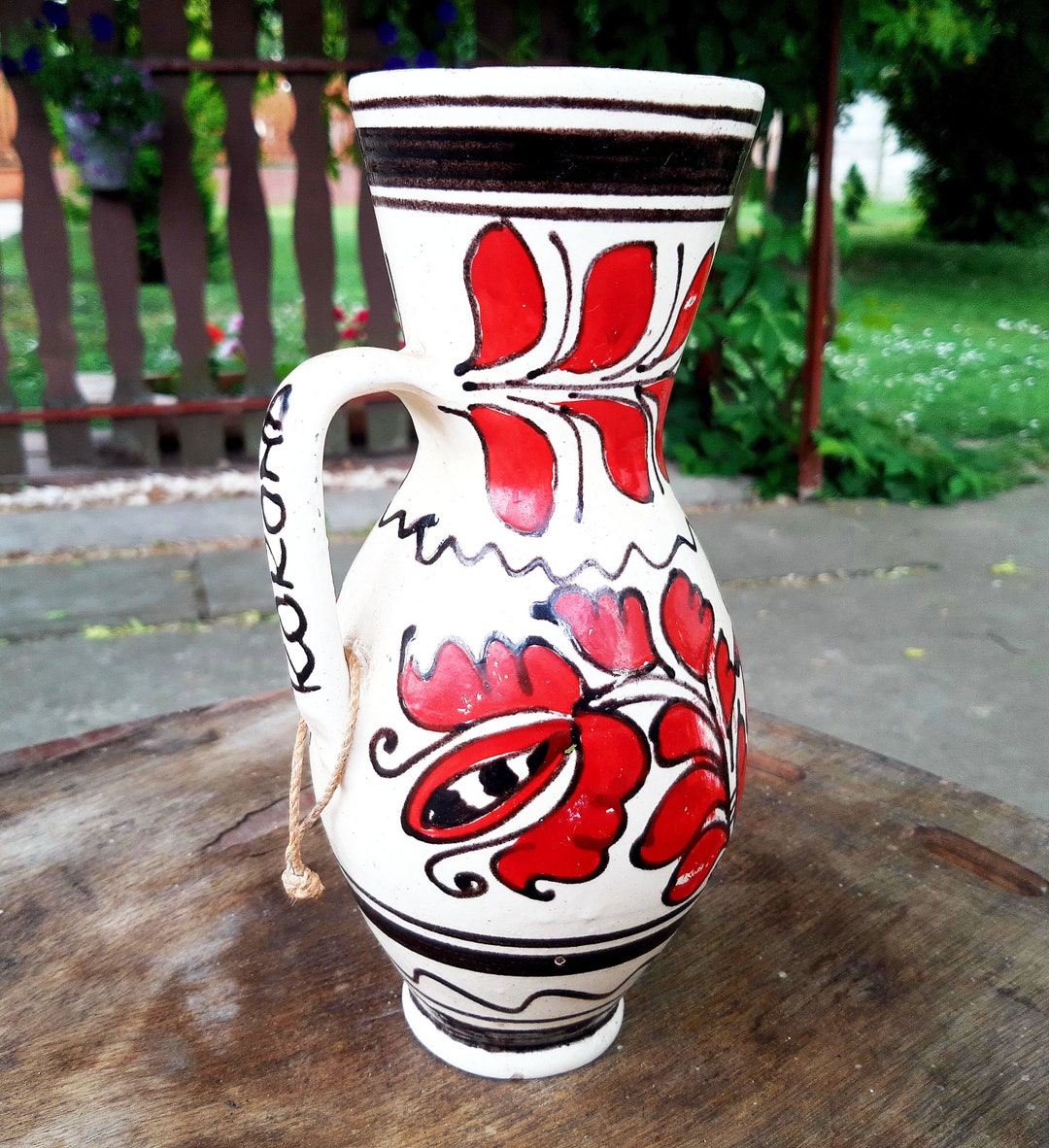 Vintage Handmade Korondi Red Floral Vase - Hand-painted Romanian ...
