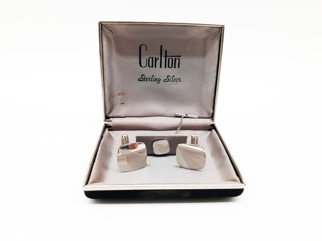Vintage Carlton Sterling Silver Anniversary Cuff Links & Tie Bar Set ...