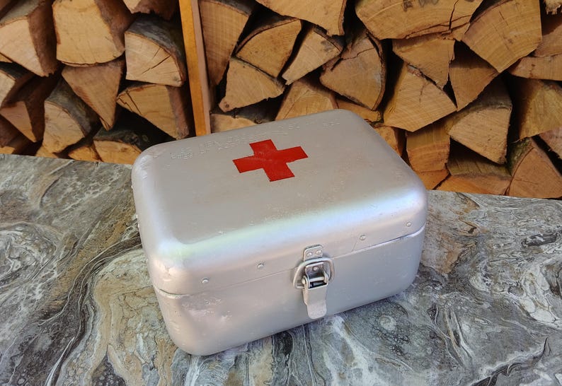 Vintage First Aid Metal Box, Red Cross Wall Cabinet, Industrial Medical ...