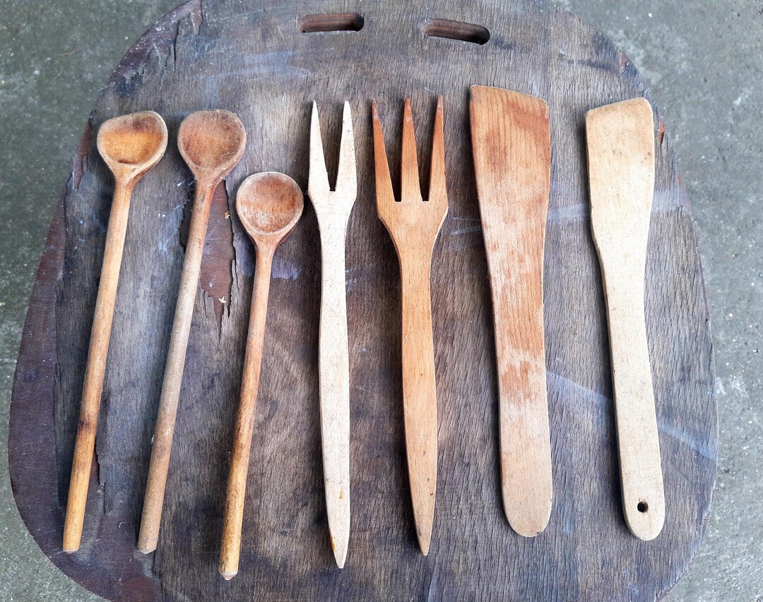 Set of 1950s Handcrafted Wooden Kitchen Utensils, Includes 3 Wooden ...