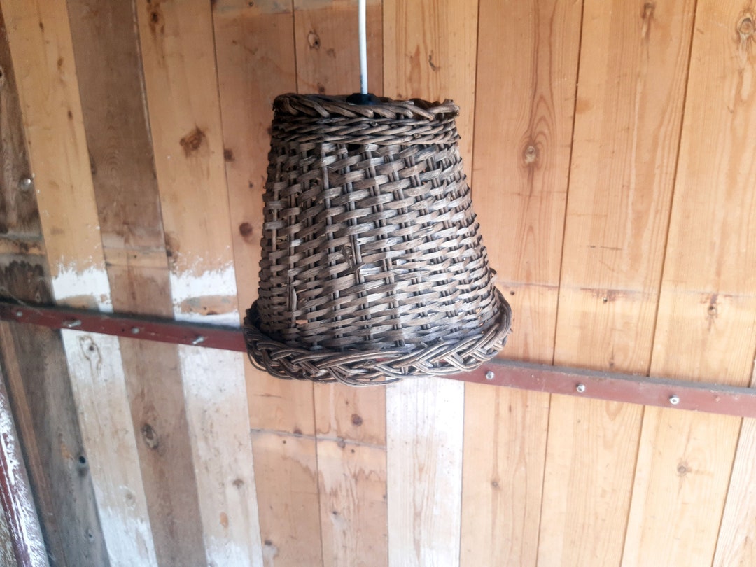 Vintage Up-cycled Wicker Basket Light Wooden Pendant Lampshade, Hanging ...