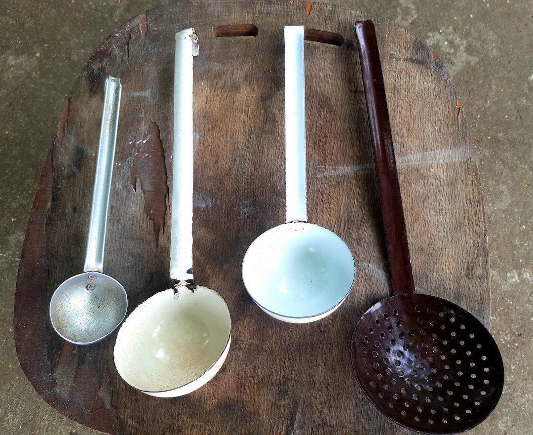 Set of 1960s Enamel and Aluminum Ladles, Includes 2 Enamel Ladles, 1 ...
