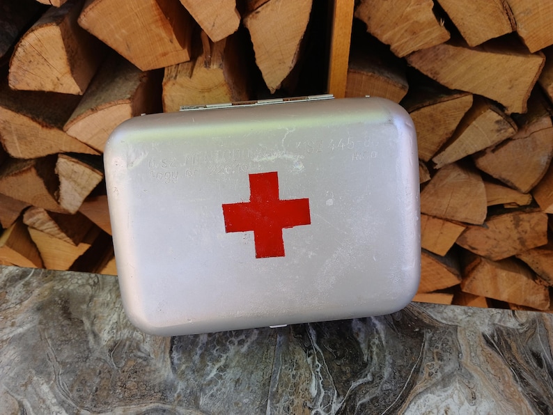 Vintage First Aid Metal Box, Red Cross Wall Cabinet, Industrial Medical ...
