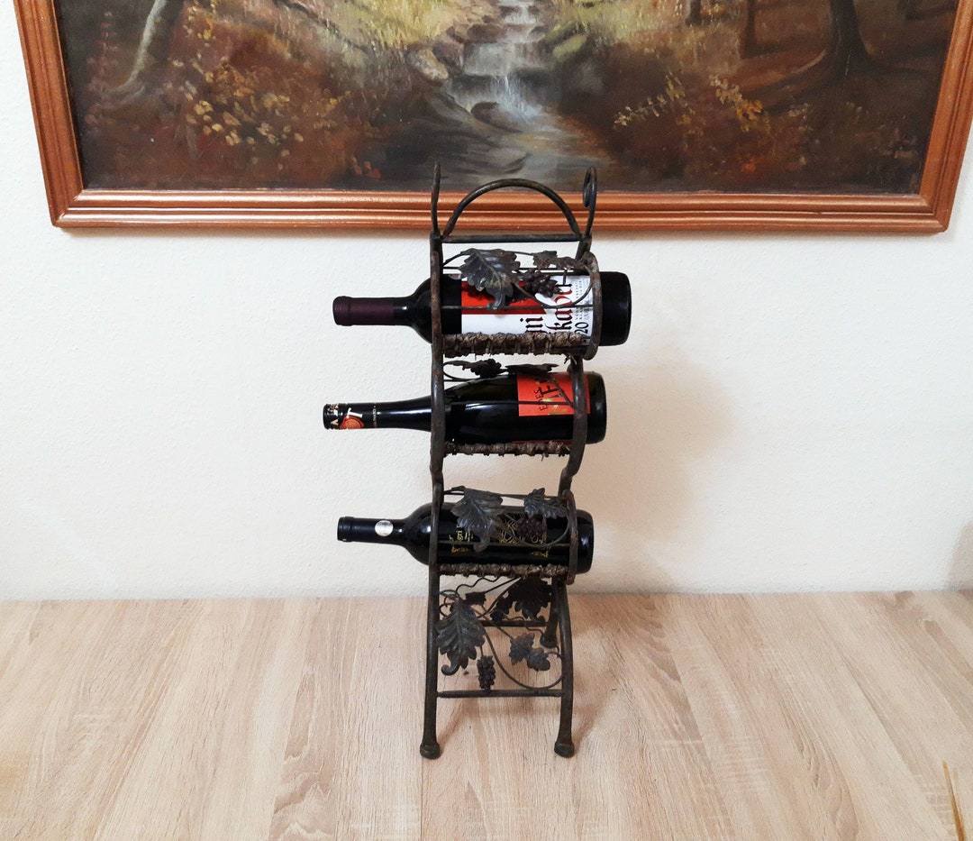 Rustic Mid Century Hand Forged Metal Wine Rack With Grape Leaf and With ...