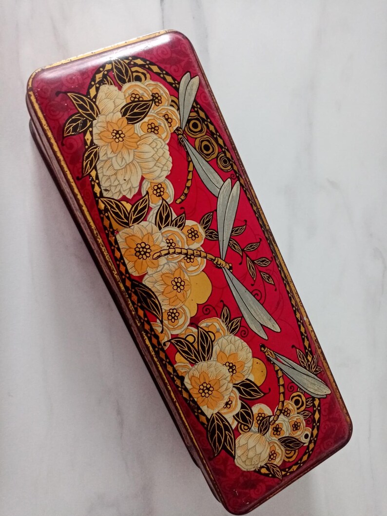 1920s Art Deco Stylish Storage Tin. Beautiful Red and Dragonfly ...