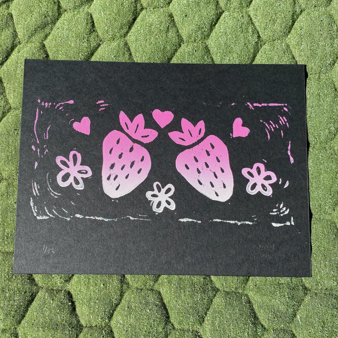 Double Strawberry Linocut Print Black/pink - Etsy