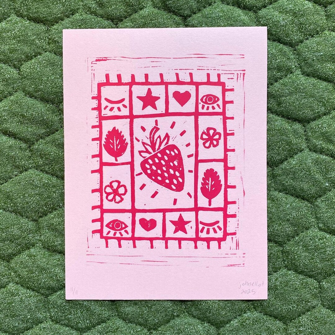Strawberry Quilt Linocut Print - Etsy
