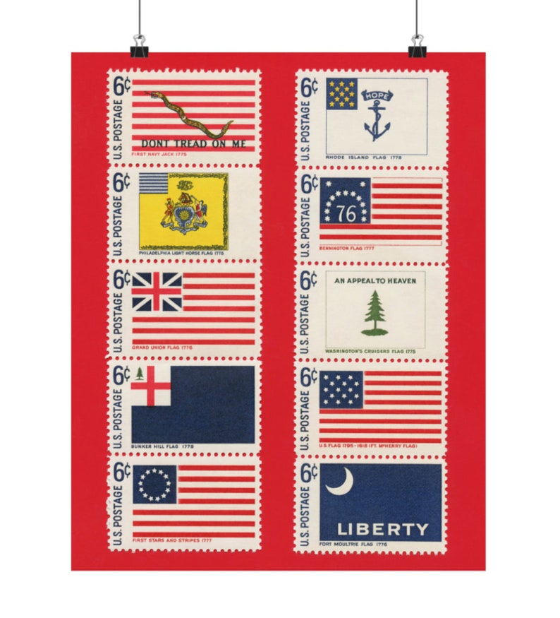 Historic US Flags Stamp Art Print: American History Wall Decor - Etsy