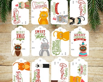 Printable Black Cat With Bauble Illustration Christmas Tags - Etsy