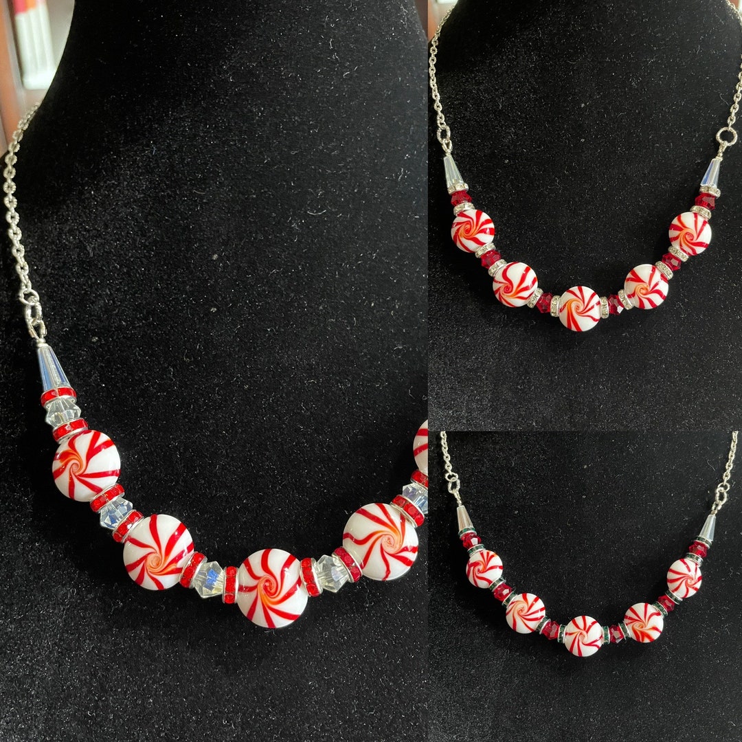 Candy Cane Necklace and Earrings, Holidays Earrings, Beaded Necklace ...