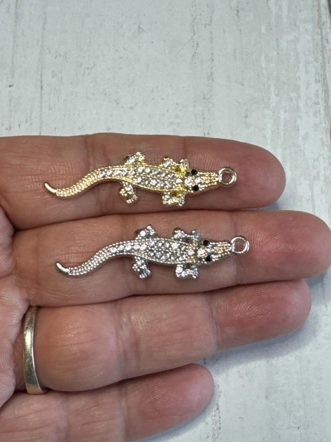 2D Crocodile, Animal Charm, Silver Crocodile Charm, Crystal Rhinestone ...