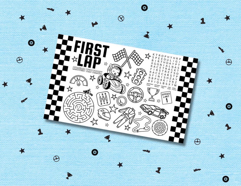 Race Car Birthday Activity Placemat | First Lap Around the Track | 1st ...