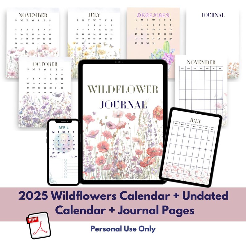 WILDFLOWERS 2025 Calendar Printable, 2025 Calendar, Monthly Calendar ...