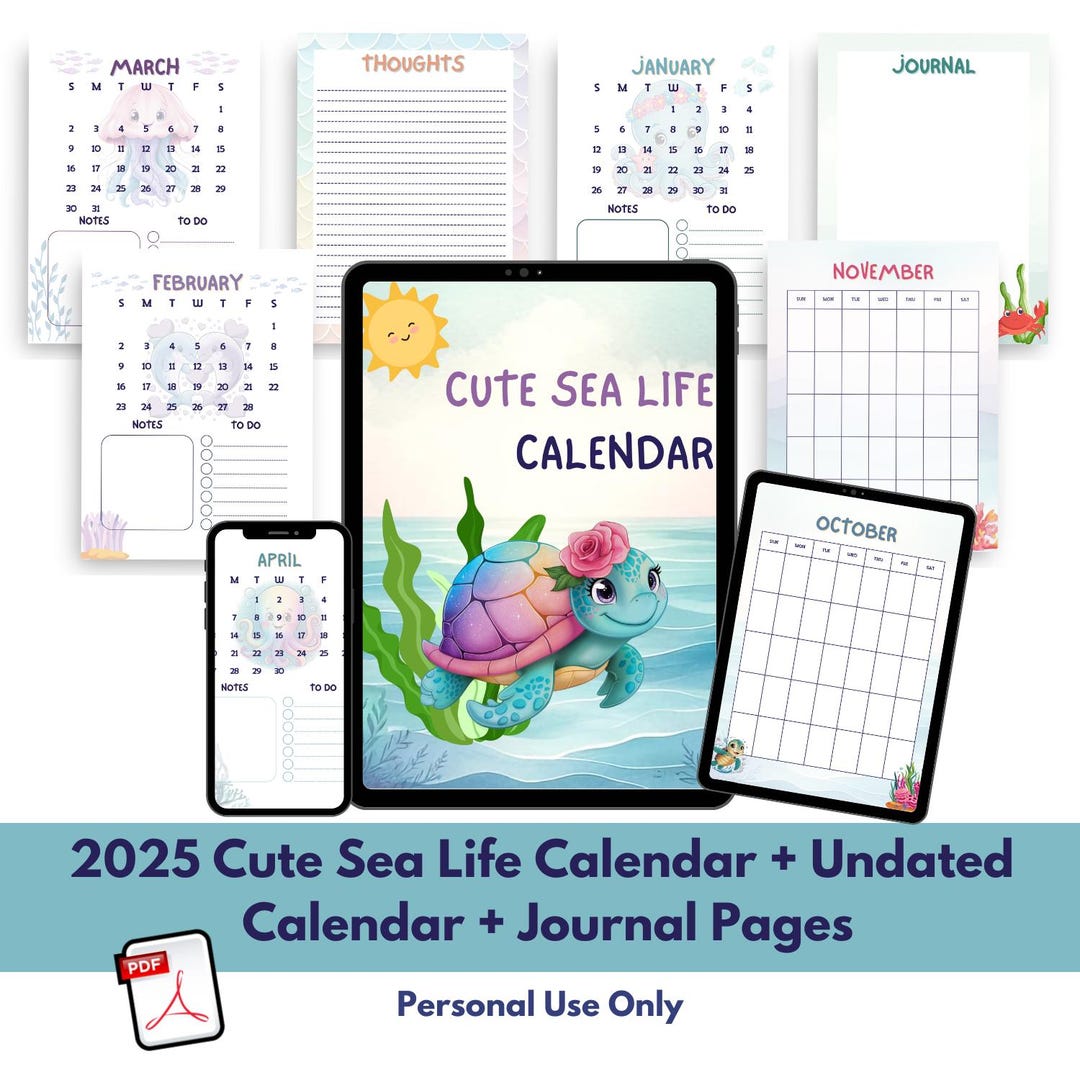 CUTE SEA LIFE 2025 Calendar Printable, 2025 Calendar, Monthly Calendar ...