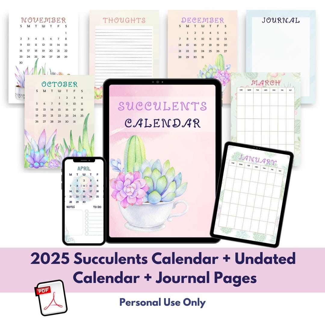 SUCCULENTS 2025 Calendar Printable, 2025 Calendar, Monthly Calendar ...