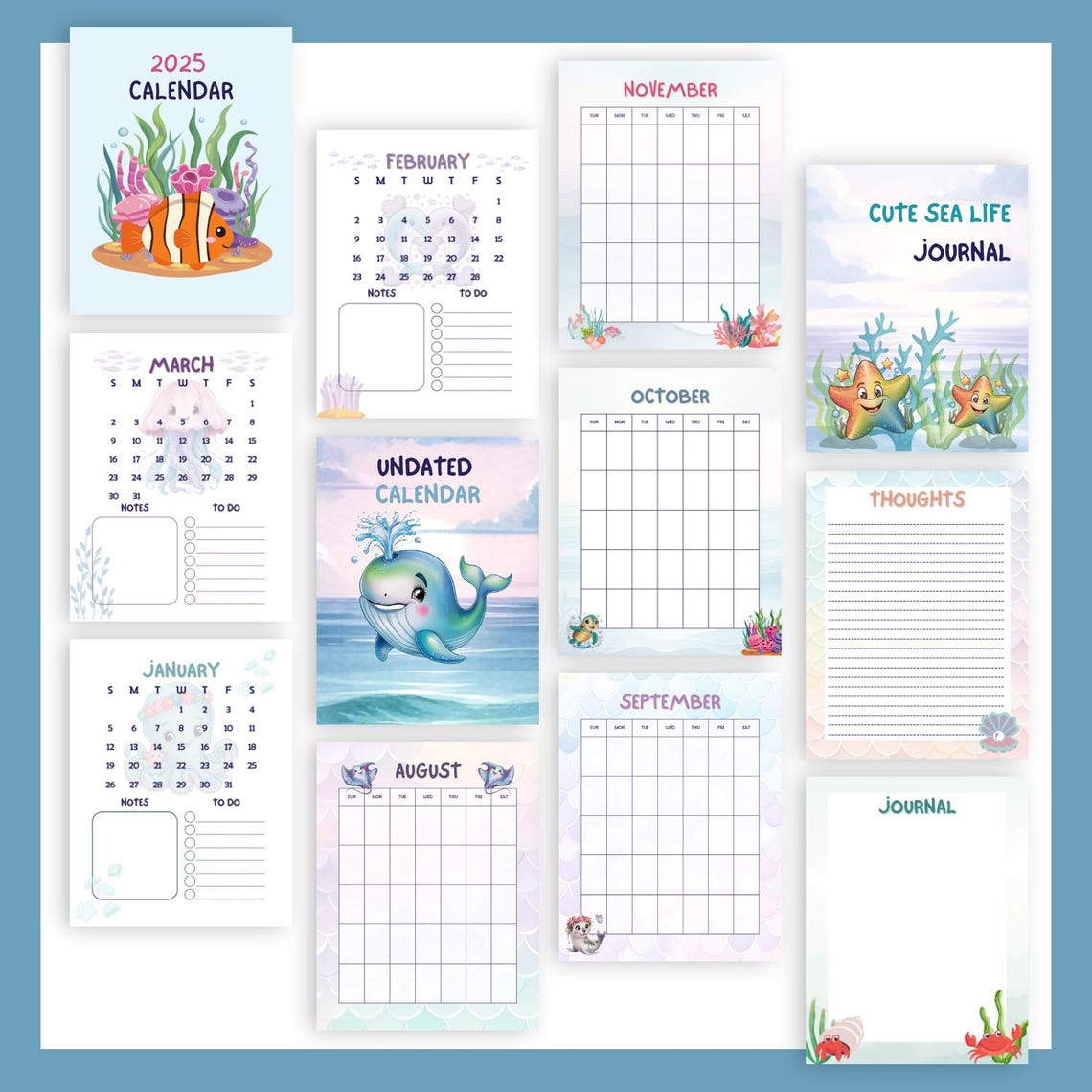 CUTE SEA LIFE 2025 Calendar Printable, 2025 Calendar, Monthly Calendar ...