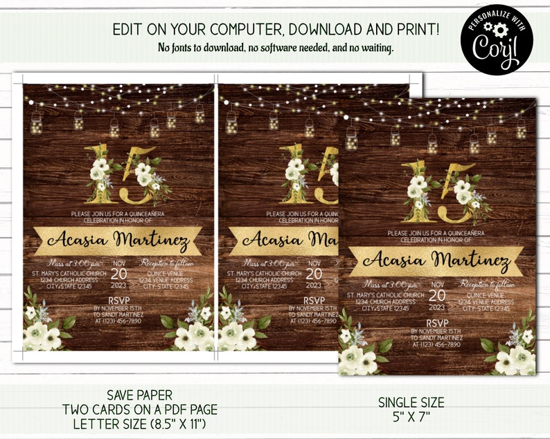 Rustic Quinceanera Invitation, Rustic 15th Birthday Invitation ...