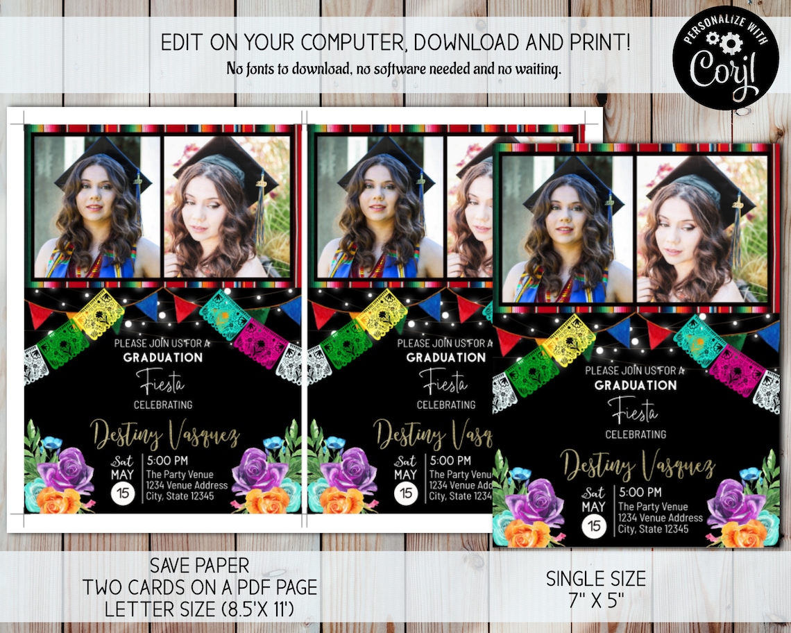 EDITABLE Fiesta Graduation Party Invitations With Photo, Mexican ...