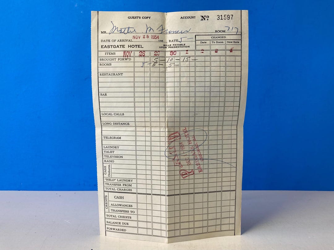 Eastgate Hotel Receipt 1954 Chicago - Etsy