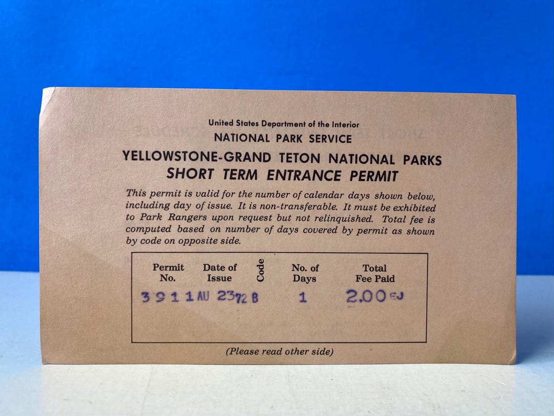 1972 Yellowstone Grand Teton National Park Entrance Permit - Etsy
