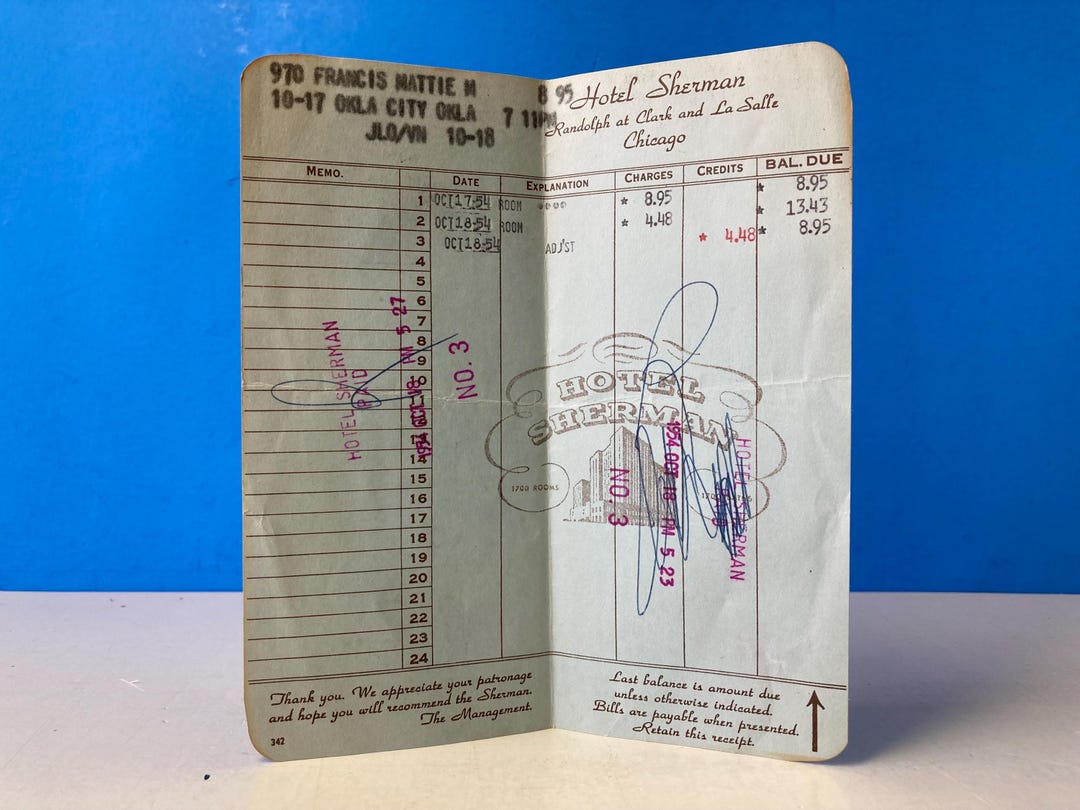 Hotel Sherman Receipt 1954 Chicago - Etsy
