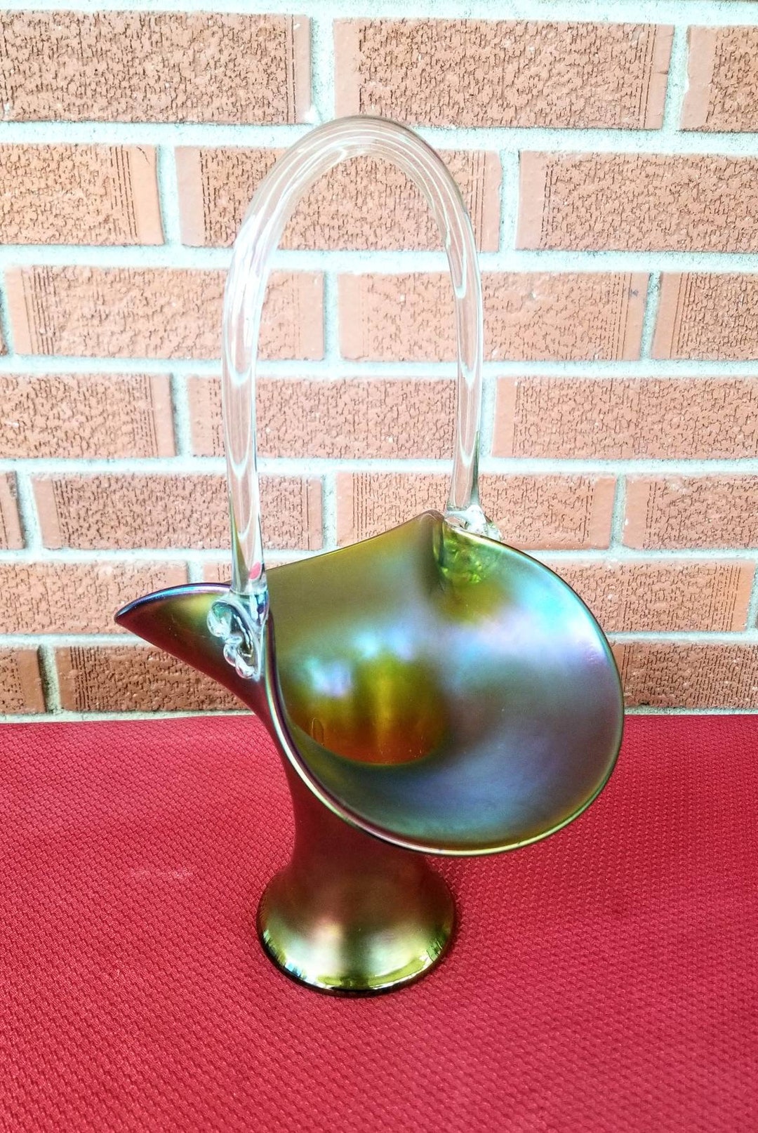 Loetz Green Favrille Carnival Glass Basket With Applied Clear Glass ...