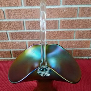 Loetz Green Favrille Carnival Glass Basket With Applied Clear Glass ...