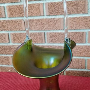 Loetz Green Favrille Carnival Glass Basket With Applied Clear Glass ...