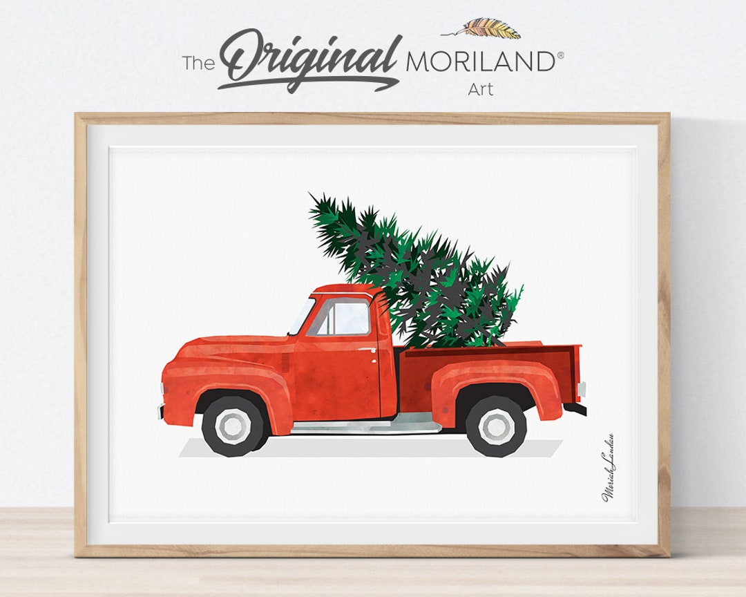 Christmas Vintage Truck Print, Red Truck and Christmas Tree Wall Art ...